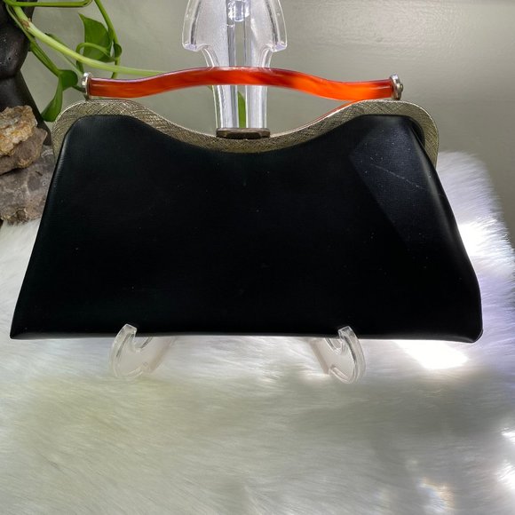 Vintage | Bags | Vintage 95s Black Leather Purse W Bakelite Handle Snap ...
